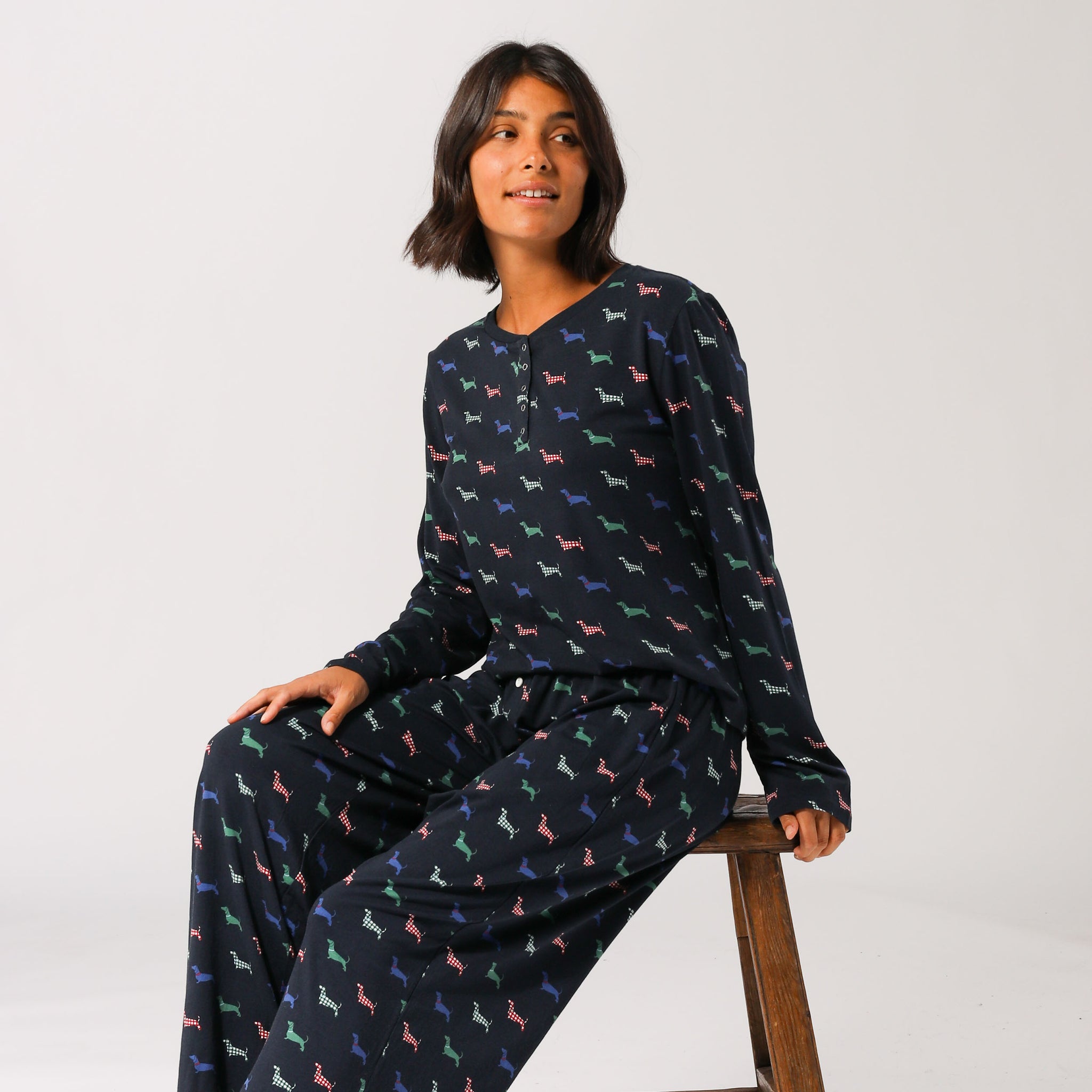 Mitch Dowd Womens Long Sleeve Tee Doggy Check | Bamboo | Navy
