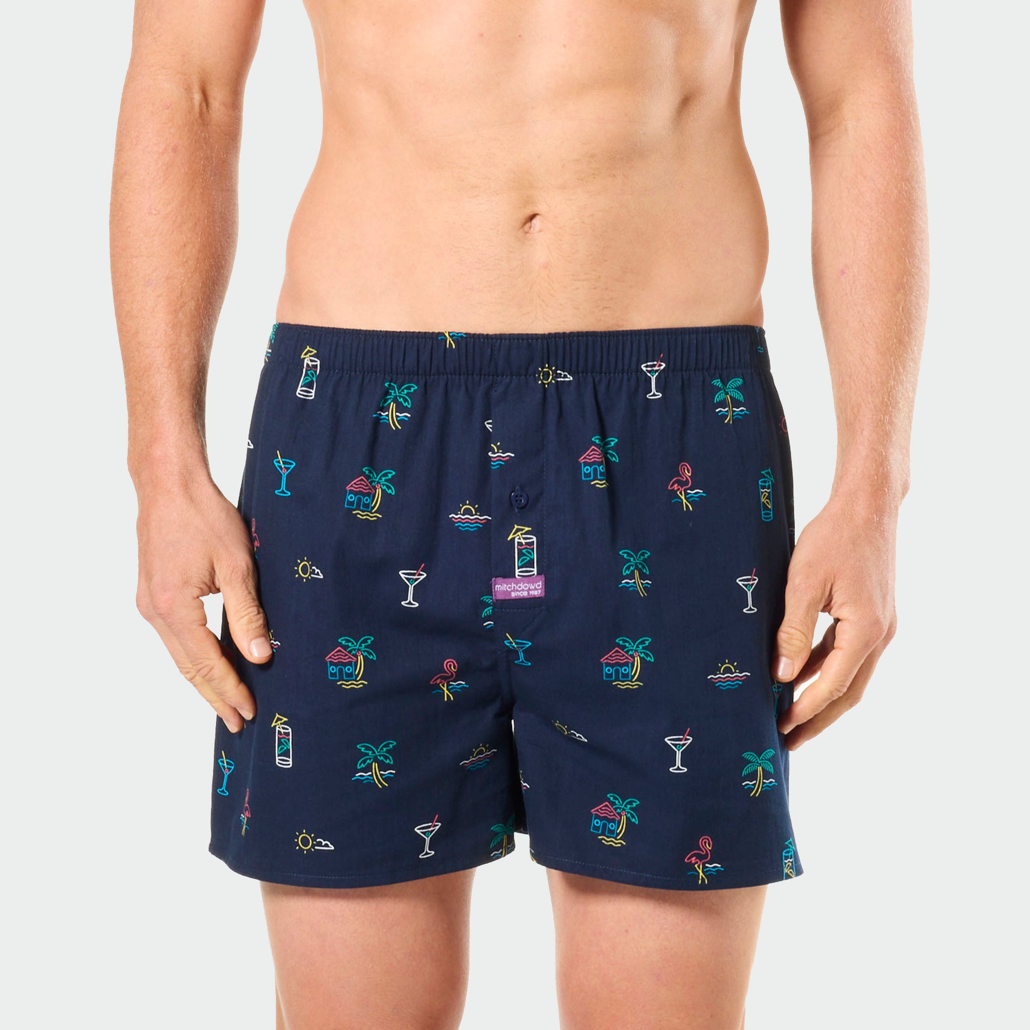 Mens Woven Boxer Shorts Neon Tropical Icons Design